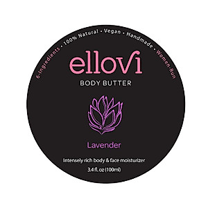 Ellovi All-Natural Body Butter - Lavender - Pure Enough to Eat - Made With Just 6 Vegan Ingredients - Ultra-Rich 100% Plant-Based Hydrating Moisturizer For Naturally Healthy Skin (3.4 fl. oz/100ml)