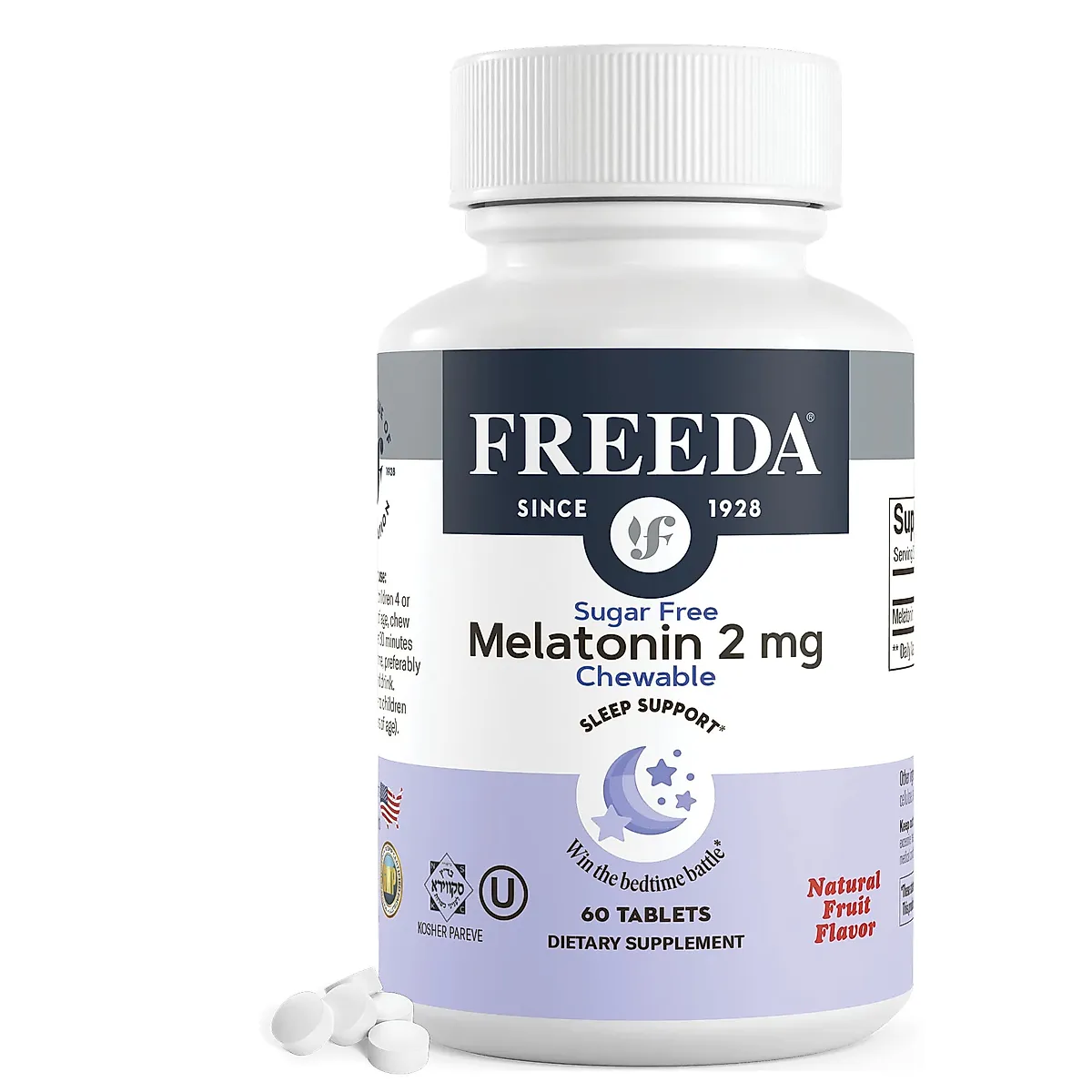 FREEDA Melatonin 2mg Sugar-Free Chewables – Natural Sleep Aid for Adults & Kids – Vegan, Kosher, Gluten-Free, Non-GMO, Easy Bedtime Support – 60 Tablets