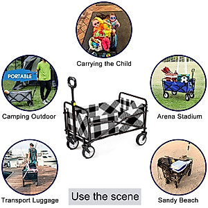 Collapsible Wagon Cart Buffalo Check Plaid Set in Black and White Seamless Monochrome Neutral Foldable Utility Wagon Large Capacity Garden Cart with Push Bar for Beach Camp Outdoor Shopping