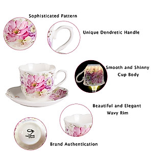 GuangYang GY 12 PCS Tea Set - 7oz New Bone China tea Cups and Saucers with Pink Flower Pattern Porcelain Cups for Mocha Cappuccino Tea and coffee