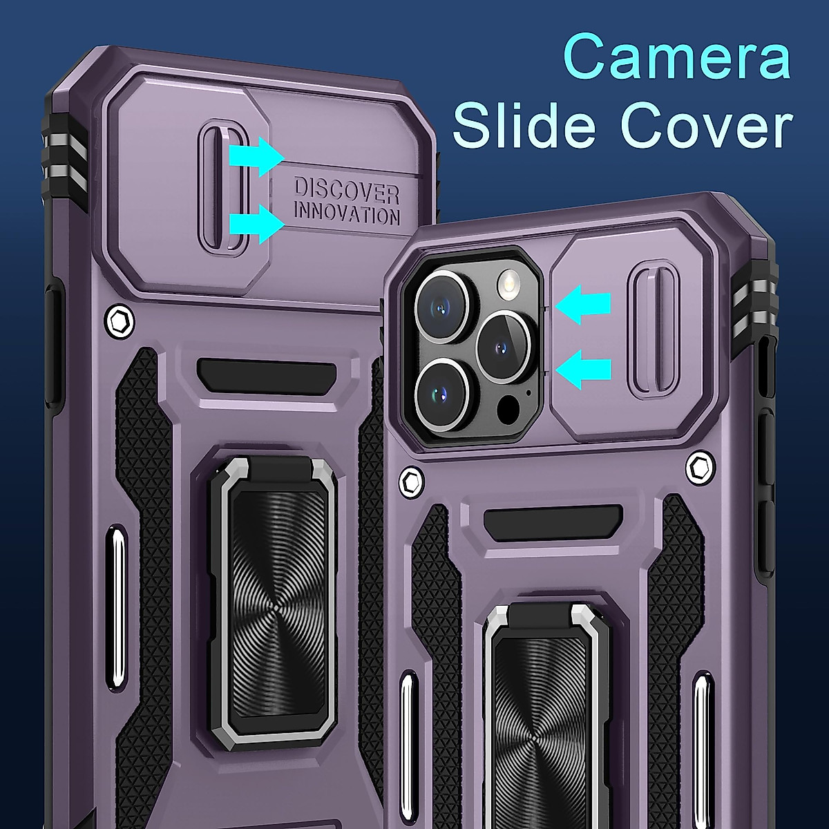 DEERLAMN Case for iPhone 13 Pro Max with Slide Camera Cover+Screen Protector(1 Pack),Rotated Ring Kickstand Military Grade Shockproof Protective Cover 6.7 Inch-Deep Purple