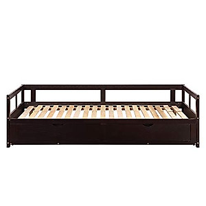 Wood Daybed with Trundle and 2 Storage Drawers Extendable Storage Sofa Bed Frame with Wooden Slats for Bedroom Living Room Guest Room, Convertible Twin To King Design, No Box Spring Needed (Espresso)