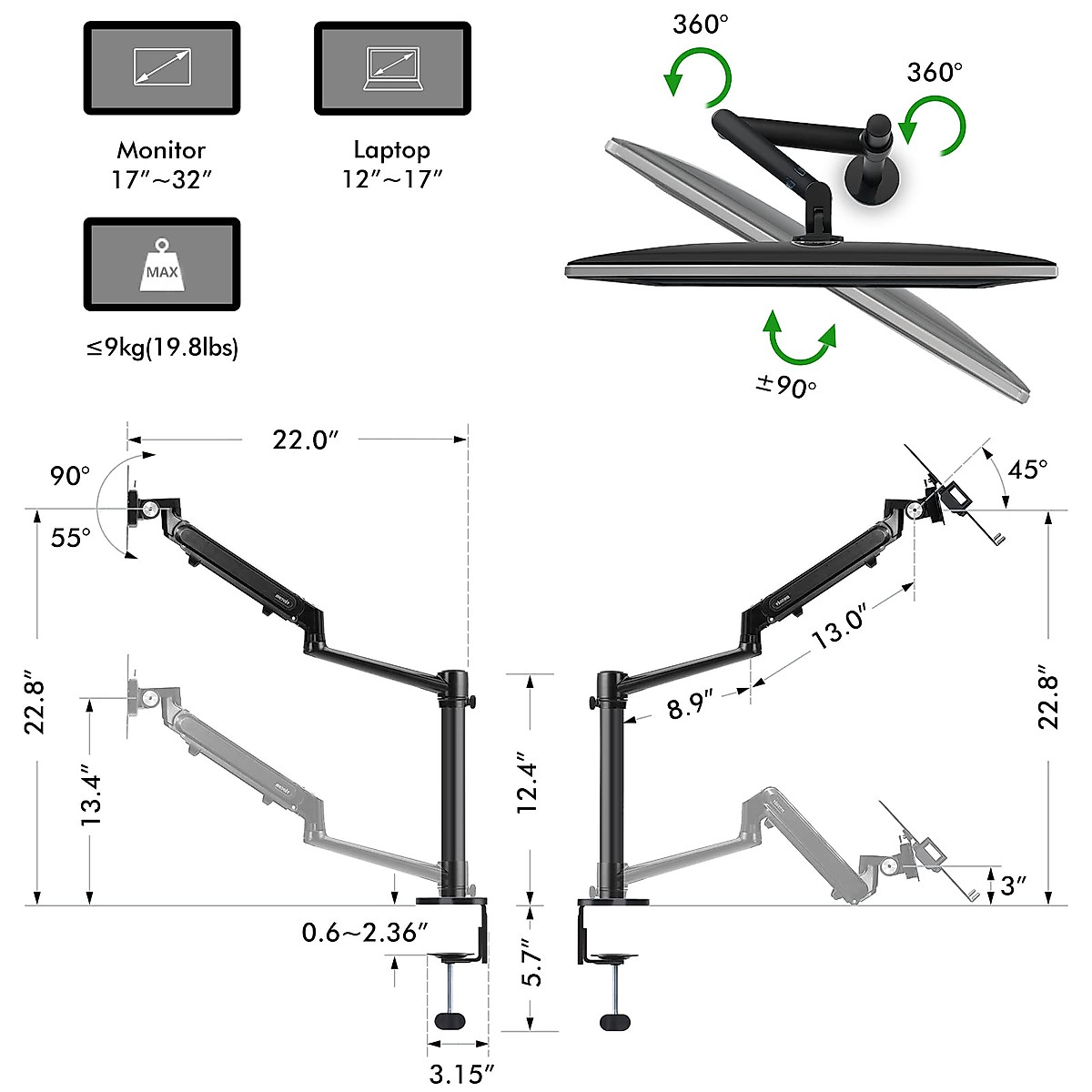 Viozon Monitor/Laptop Mount, Single Gas Spring Arm Desk Stand/Holder for 17-32" Computer Monitor, Extra Laptop Tray Fits 12-17" Laptops/Notebook(1S-Prob)
