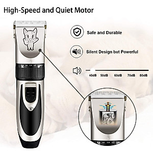 Dog Grooming Kit Clippers, Low Noise, Electric Quiet, Rechargeable, Cordless, Pet Hair Thick Coats Clippers Trimmers Set, Suitable for Dogs, Cats, and Other Pets (Silver)