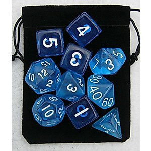 Translucent Blue RPG D&D Dice Set: 7 + 3d6 = 10 polyhedral die plus bag!