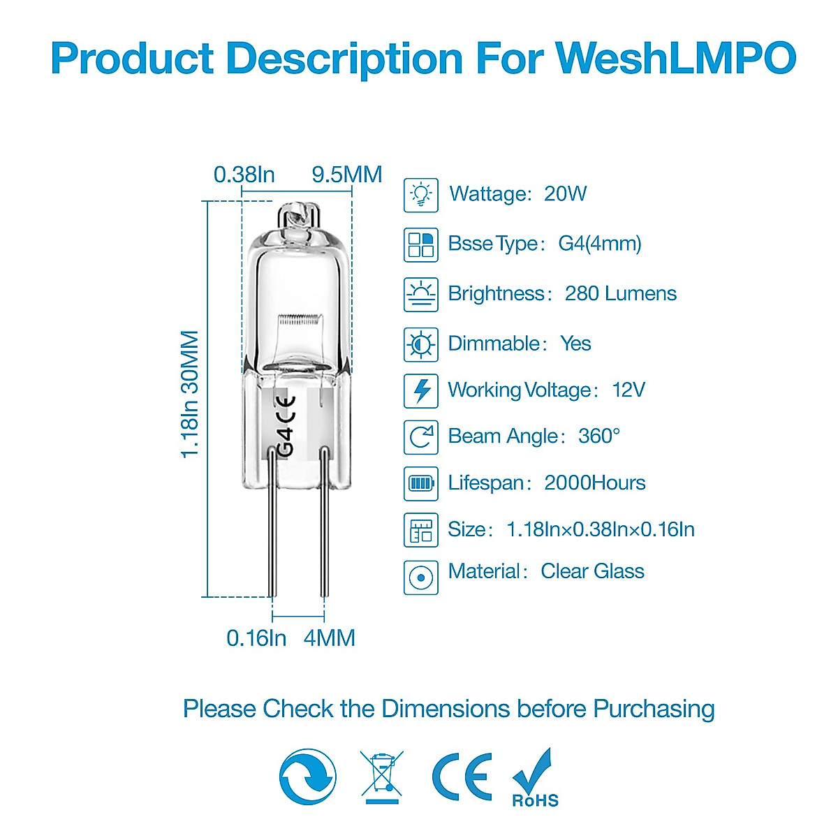 WeshLMPO G4 Bulb,12V 20W Halogen Light Bulbs 2 Pin,G4 Light Bulbs Replacement for Under Cabinet Puck Light,Chandeliers, Accent Lights, Track Lighting (12 Pack)