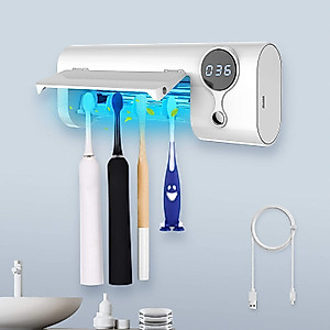 Toothbrush Cleaner with Blue Light, Toothbrush Holder Wall Mounted Without Drilling, Rechargeable Toothbrush Holder for Bathroom 2 Pack