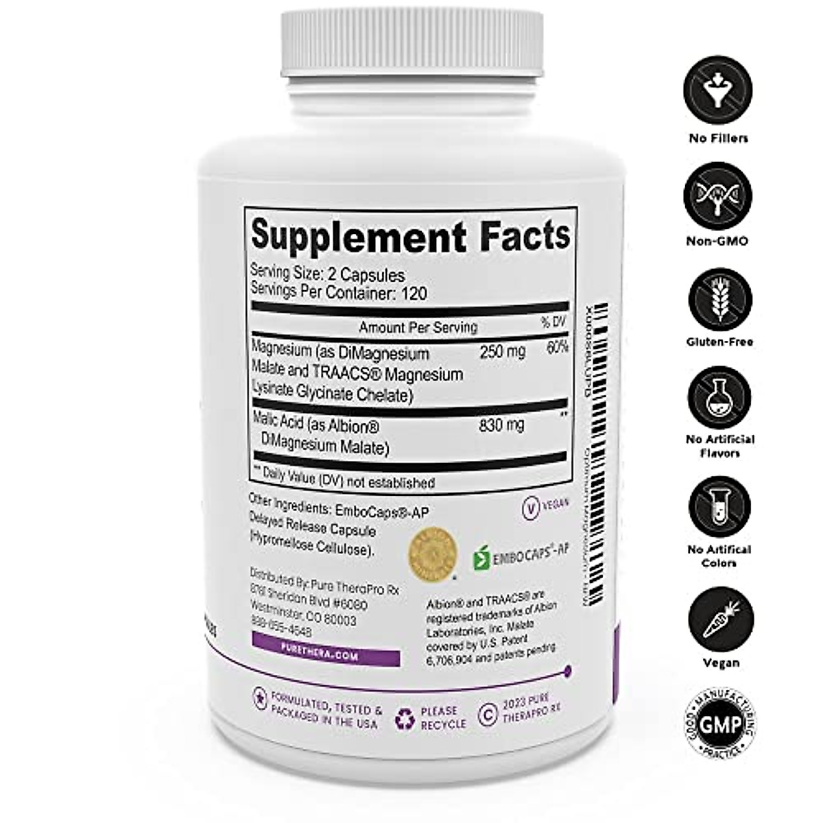 Optimum Magnesium - 240 Delayed Release Veg Caps | 250mg Elemental TRAACS Magnesium Lysyl Glycinate Chelate & Albion DiMagnesium Malate | Formulated for Enhanced Absorption | Non GMO | Lab Tested