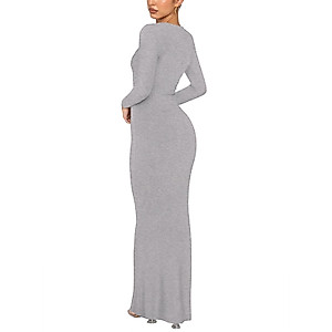 REORIA Women's Sexy Casual Crew Neck Lounge Slimming Long Dress Elegant Wedding Guest Long Sleeve Ribbed Bodycon Maxi Dresses Light Grey Small