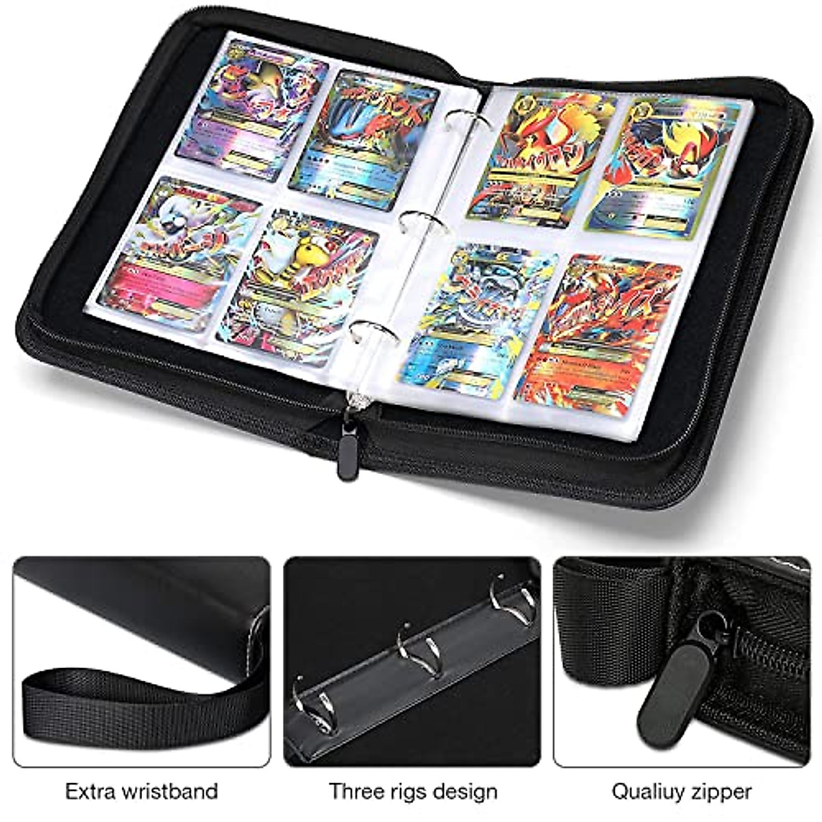LIUDU Card Binder 4-Pocket,400 Pockets Game Cards with 50 Sleeves,Trading Card Collection Zipper Binder Holder for Kids Gifts (Black 400Pockets)