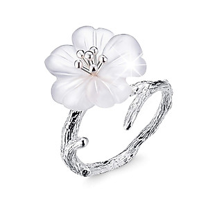 Lotus Fun S925 Sterling Silver Ring Flower in the Rain Open Simulated Crystal Ring Handmade Jewelry Unique Gifts for Women (Silver)