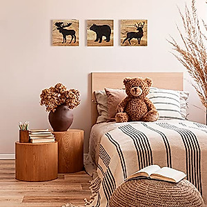 HomeRustique Real Wooden Cabin Decor with Bear, Deer and Moose (Set of 3) - Woodland Rustic Wall Decoration for Home, Log Cabin, Hunting Theme, Mountain Lodge or Bathroom, Animal Pictures Decor