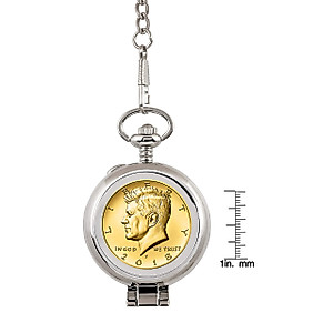 Coin Pocket Watch with Skeleton Quartz Movement | Gold Layered JFK Half Dollar | Genuine U.S. Coin | Sweeping Second Hand, Roman Numerals | Silvertone Case | Certificate of Authenticity