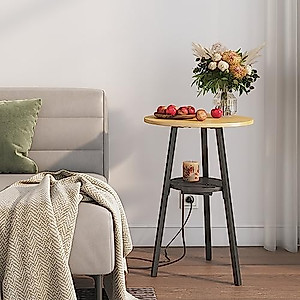 IRCPEN Round End Table with Charging Station, 2-Tier Small Round Table with USB Ports & Power Outlets, Rustic Vintage Nightstand Bedside Table Sofa Table for Bedroom, Living Room (Natural)