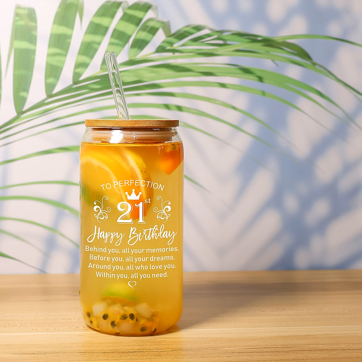 21st Birthday Gifts for Her, Happy 21st Birthday Decorations for Her, Funny 21 Year Old Birthday Gift Ideas for Her, Friends, Sister, Daughter - 16 Oz Can Shaped Glass Cups with Lids and Straws