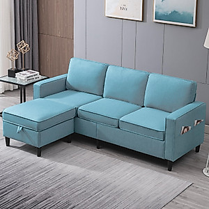 PUREMIND 78 Inches Convertible Sectional Sofa, Linen L-Shaped Sofa Couch with Reversible Storage Ottoman, Wooden Legs, 3-Seat Sectional Couches for Small Space, Apartment, Office (Blue)…
