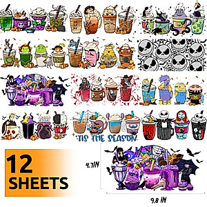 Elitles Made Halloween UV DTF Cup Wrap Transfer for Glass 16oz, 12 Sheetes Transfers Stickers Decals, Rub on Crafts, Ready to Apply, Permanent Adhesive, No Heat Needed
