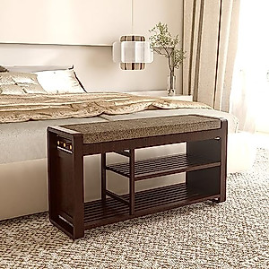 NURTUDIS Shoe Rack Bench Entryway, Bamboo Shoe Storage Stool with Removable Cushion, 2-Tier Entryway Shoe Organizer Shelf with Side Drawer & Hooks for Entryway, Living Room, Bedroom, Bathroom(Large)