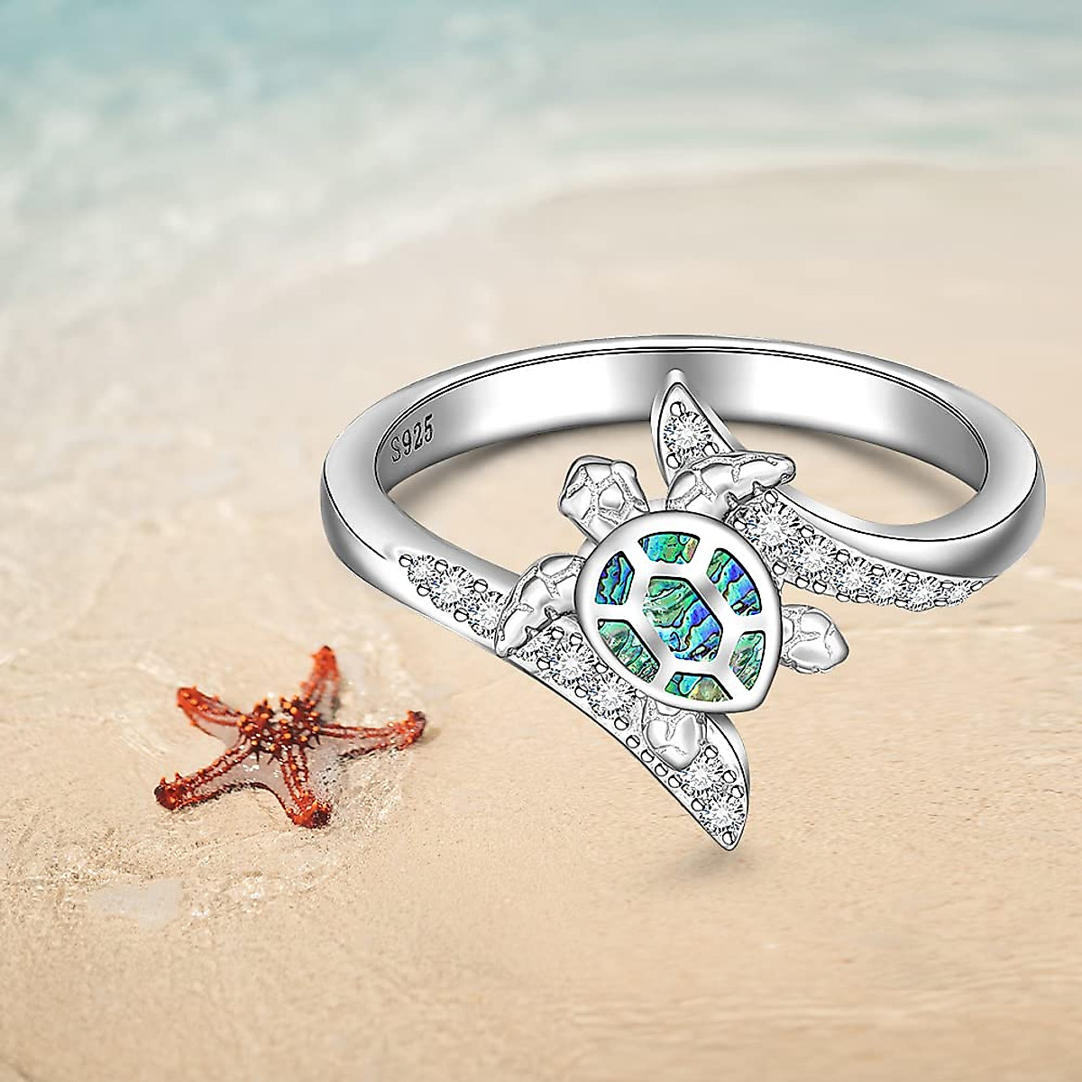 Fenthring Sterling Silver Sea Turtle Ring Abalone Shell Ocean Wave Cute Animal Rings for Women Jewelry Mothers Day Longevity Gifts Size 9