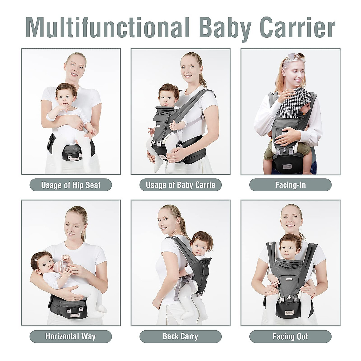 YIYUNBEBE Baby Carrier Newborns to Toddler 7-45 lbs All Seasons Foldable Baby Carriers Front and Back with Hip Seat Lumbar Support for Outdoor Hiking(Dark Grey)