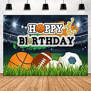 Aperturee 7x5ft Ball Sports Happy Birthday Backdrop Kids Boys Stadium Game Lawn Photography Background Baseball Football Basketball Rugby Portrait Party Decoration Cake Table Photo Studio Booth Prop