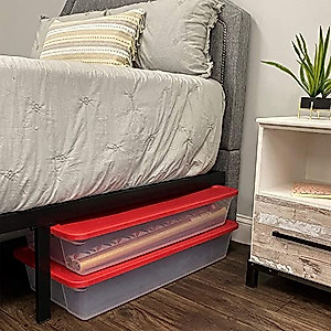 Homz 3421CLRDDC.02 Large 41 Quart Clear Plastic Under Bed Stackable Holiday Storage Container with Red Snap Lock Lid, 2 Pack
