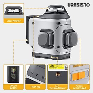 URASISTO 3D Cross Line Self-leveling Laser Level, 3 x 360 Horizontal/Vertical Green Beam Three-Plane Leveling and Alignment Laser Tool, Li-ion Rechargeable Battery, Remote Control&Portable Carry Bag