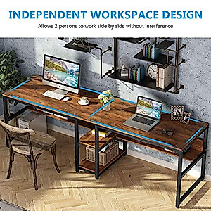 Tribesigns Two Person Desk with Bookshelf, 78.7 Computer Office Double Desk for Two Person, Rustic Writing Desk Workstation with Shelf for Home Office (Brown)