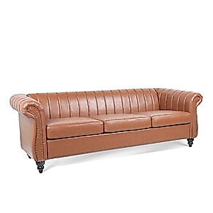 NewCosmos 83.46" Brown PU Rolled Arm Chesterfield Three Seater Sofa.