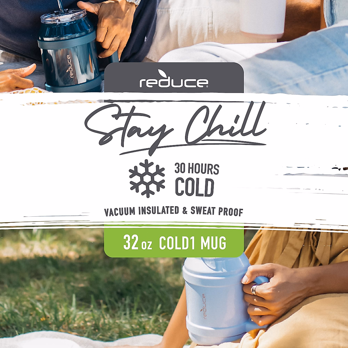 REDUCE Reusable 32 oz Cold1 Water Tumbler – Ergonomic Handle – Double-Wall Insulation – Sturdy Desktop/Tabletop Mug with Lid and Straw – BPA-Free – Stainless Steel for Gym, Home, or Office– Matcha