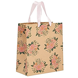 24 Pack Reusable Kraft Paper Floral Gift Bags with Pink Ribbon Handles for Party Favors, Mothers Day, Weddings, Birthday Celebration, Baby Shower, 2 Designs (9 x 8 In)