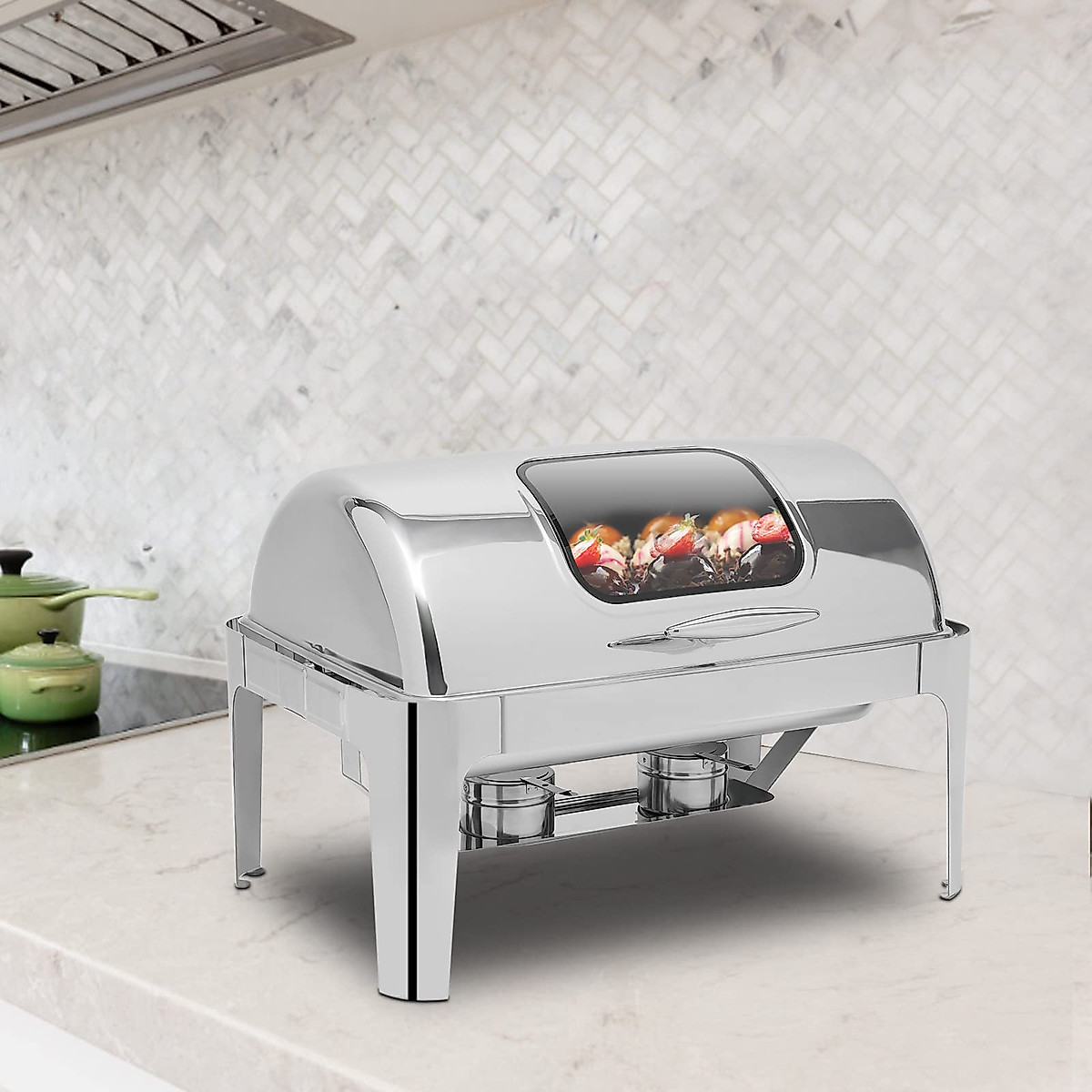 14.26Qt Stainless Steel Chafing Dish Buffet Set with Visible Roll Top Chafing Dishes Buffet Set Retangle with Rolling Top 2 Detachable Food Pans Catering Food Warmer for Hotels Party Wedding