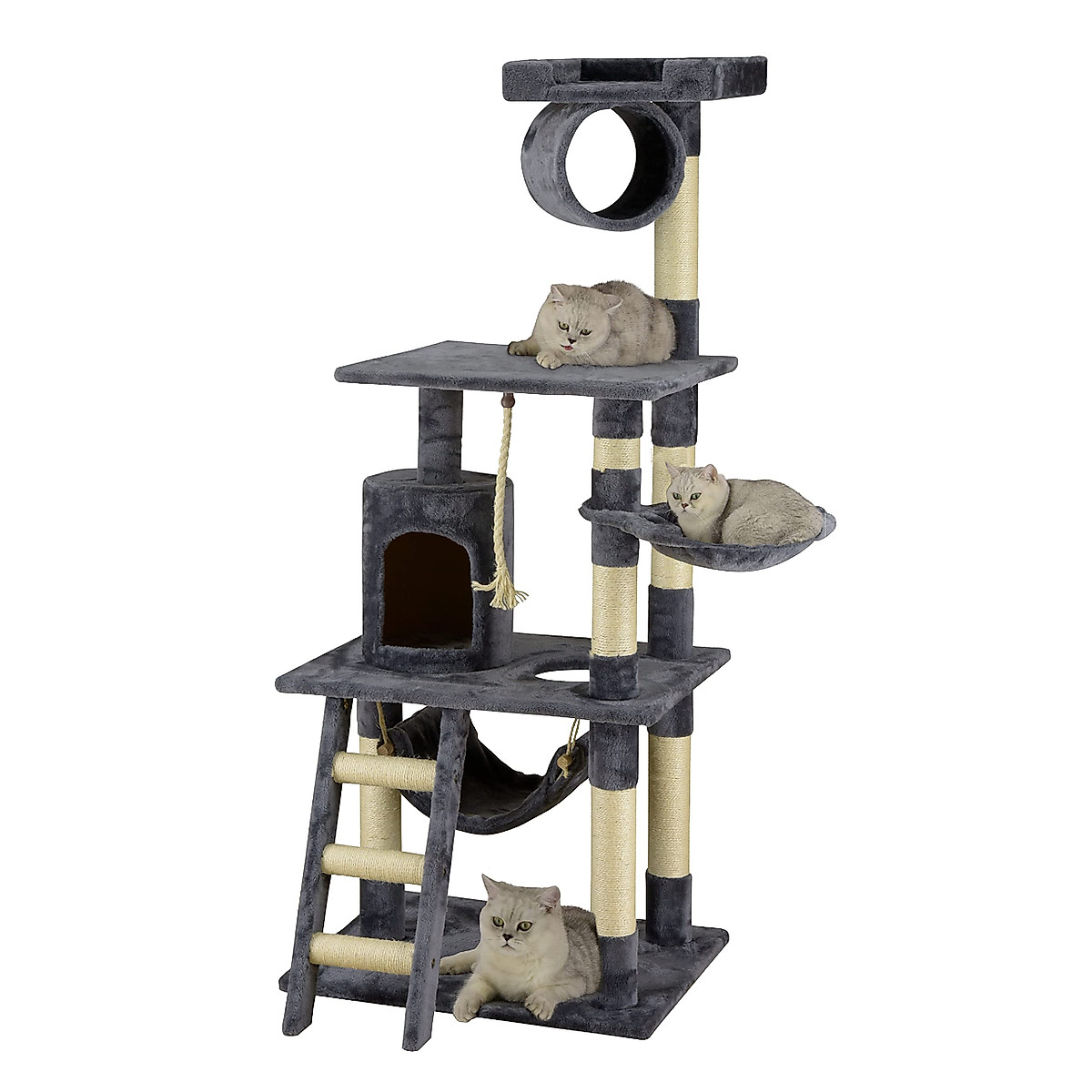 Go Pet Club 62" Classic Cat Tree Kitty Tower Kitten Condo Scratcher for Indoor Cats with Sisal Posts, Condo, Ladder, Soft Perch, Hammock, Basket Bed, and Tunnel Cat Activity Center Furniture, Gray