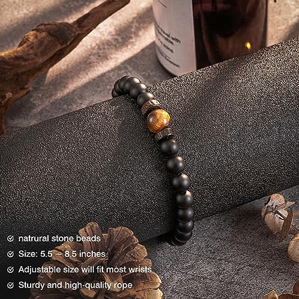 Bracelets for Men, Natural Tiger Eye Black Onyx Stone Protection Bracelets, Healing Mens Beaded Bracelet Gifts for Men Dad Boyfriend Husband Son Brother Grandpa Father