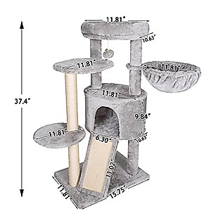 Hey-brother Cat Tree with Scratching Board, Cat Tower with Padded Plush Perch and Cozy Basket, Multi-Platform for Jump, Light Gray MPJ005W