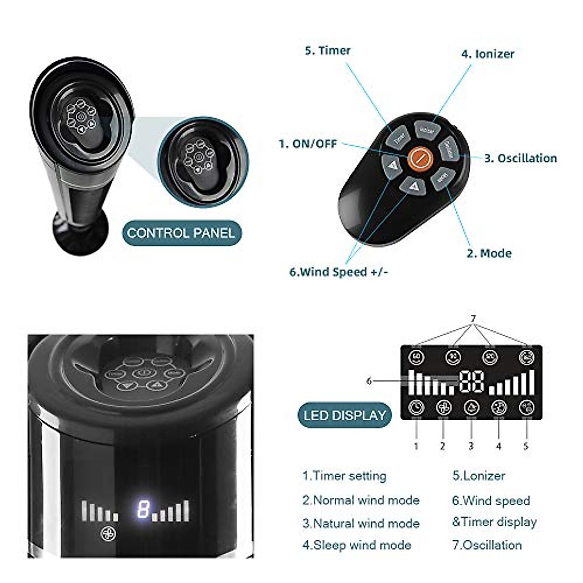 Kismile 59 Inch Portable Oscillating Quiet Tower Fan with Remote Control,3 Modes and 8 Wind Speed Setting, Built in 24 H Timer LED Display Powerful Standing Fans (59 inch, Black)