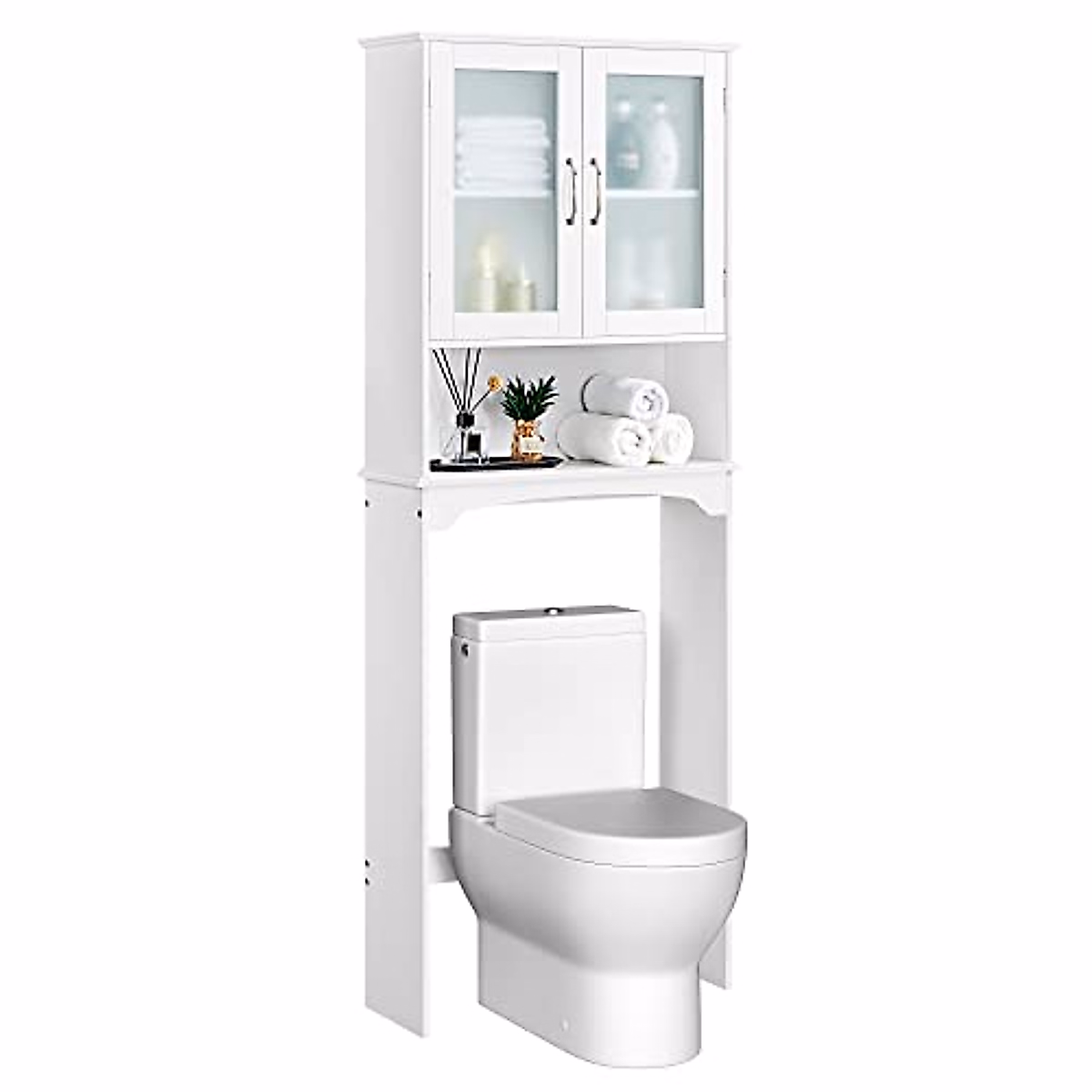 Topeakmart Over The Toilet Storage Cabinet with Adjustable Shelf and Double Tempered Glass Doors, Free Standing Toilet Rack with Open Storage Shelf, White