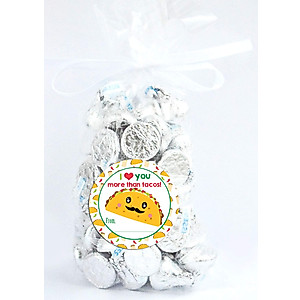 “I Like You More Than Tacos” Taco-Themed Valentine Party Favor Sticker Labels, 40 2" Party Circle Stickers by AmandaCreation, Great for Classroom Valentines, Envelope Seals, Gifts & Treats