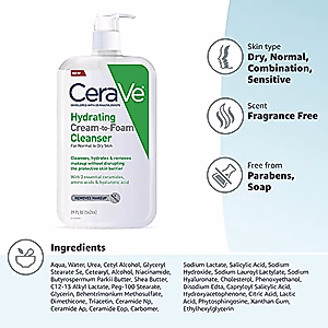 CeraVe Hydrating Cream-to-Foam Cleanser | Hydrating Makeup Remover and Face Wash With Hyaluronic Acid | Fragrance Free Non-Comedogenic | 19 Fluid Ounce