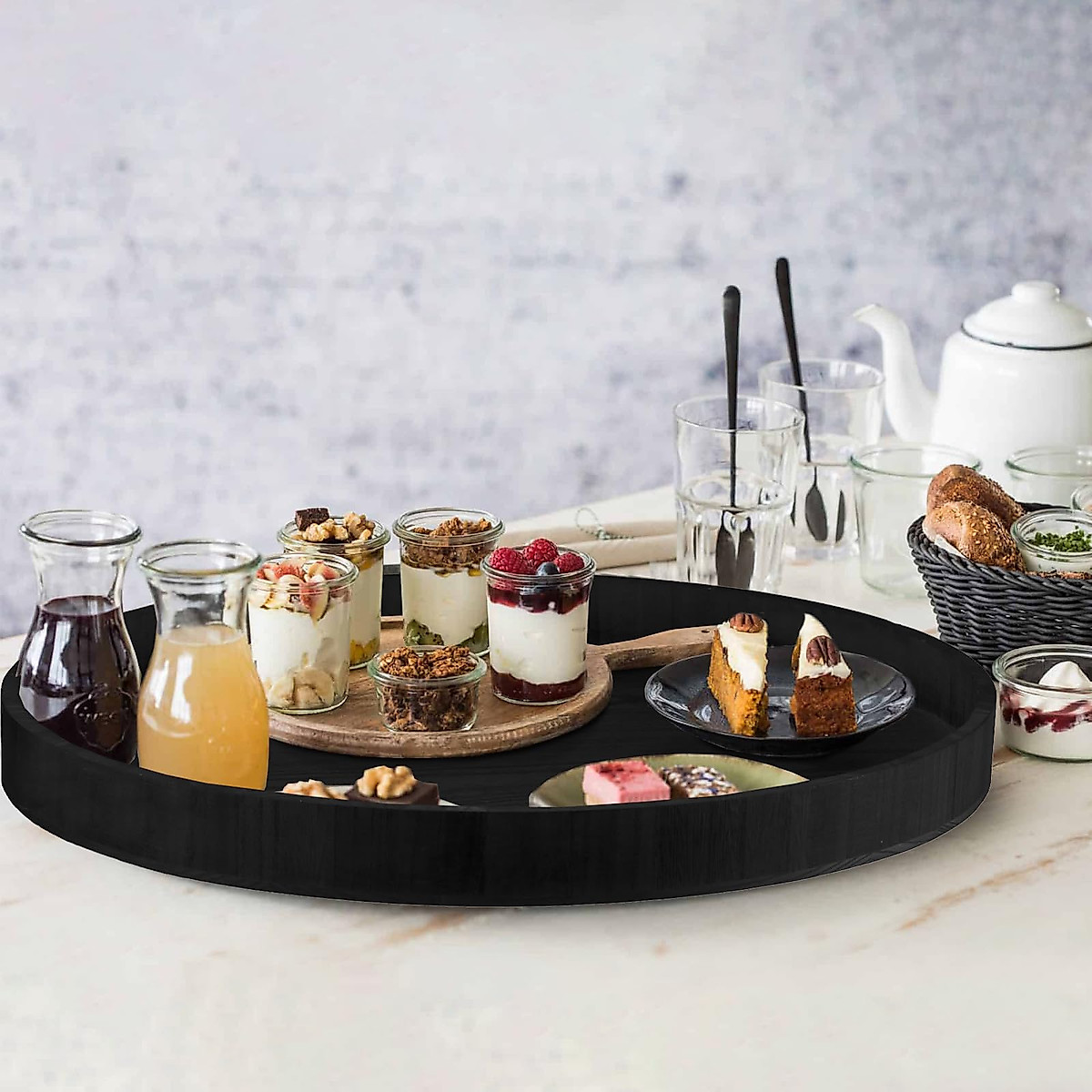 16 Inches Extra Large Solid Wooden Serving Tray Round Tea Coffee Table Tray Snack Food Meals Serving Plate Kitchen Party Bar Server Breakfast Tray with Raised Edges Ottoman Tray Nature Wood