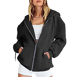Caracilia Women's Oversized Zip Up Hoodies Sweatshirts Y2K Clothes Teen Girl Fall Casual Drawstring Jackets with Pockets 2023 Winter Loose Fit Clothing Soft Warm Thick Sweater A989heise-S Black