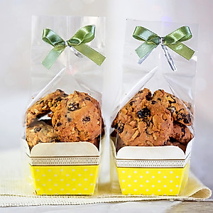 Yotelab Flat Bottom Cellophane Bags, 4x4x9 Inches Gusseted Cellophane Bags With Paper Insert,100 Pieces