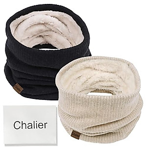 Chalier Infinity Scarf Winter Double-Layer Neck Warmer Knit Fleece Lined Circle Loop Scarves Gifts(black+khaki)