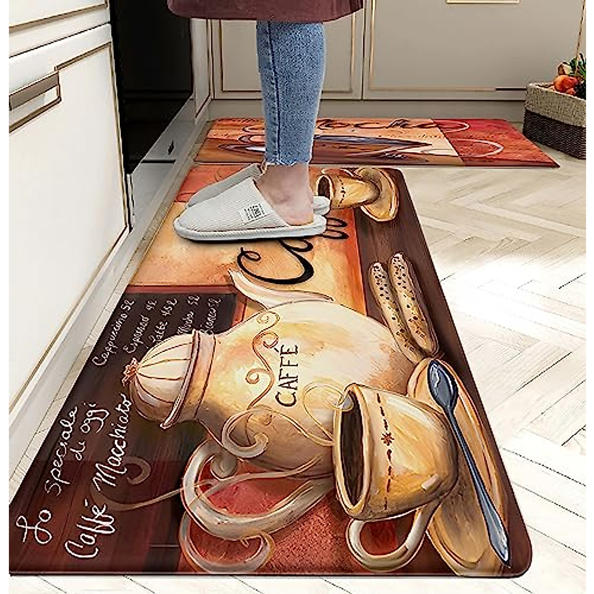 Coffee Kitchen Rugs Anti Fatigue Kitchen Rug Red Mocha Cup Decoration Cushioned Kitchen Mats for Floor Waterproof Non Skid Washable Standing Kitchen Mat, Set of 2,17.3 x 28+17.3 x 47 Inches, PVC