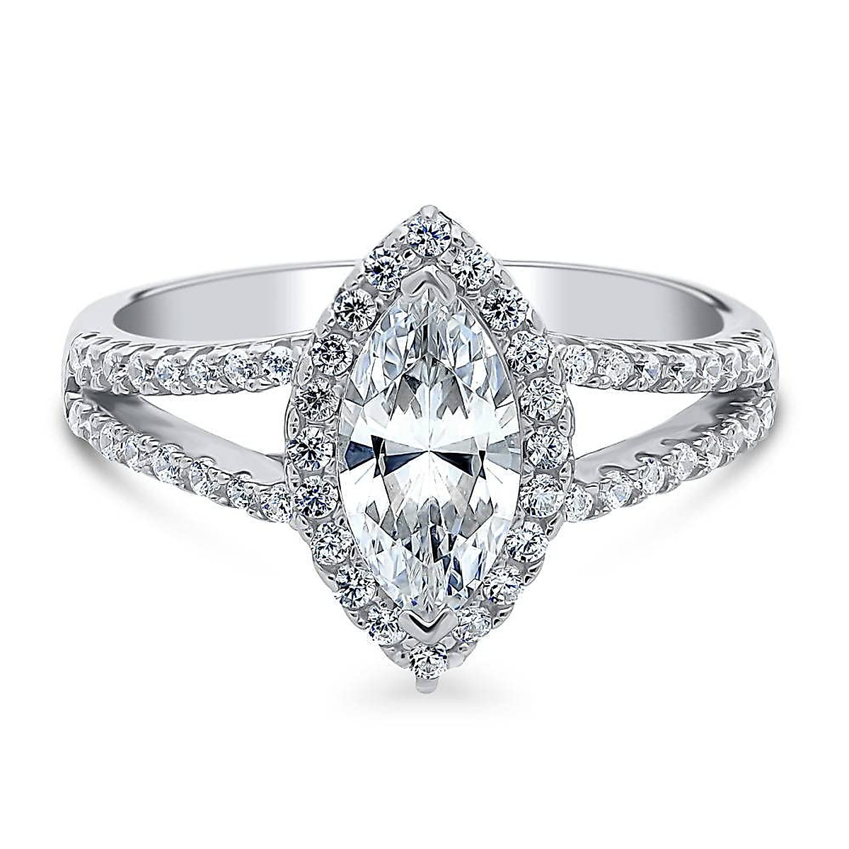 BERRICLE Sterling Silver Halo Wedding Engagement Rings Marquise Cut Cubic Zirconia CZ Promise Split Shank Ring for Women, Rhodium Plated Size 7