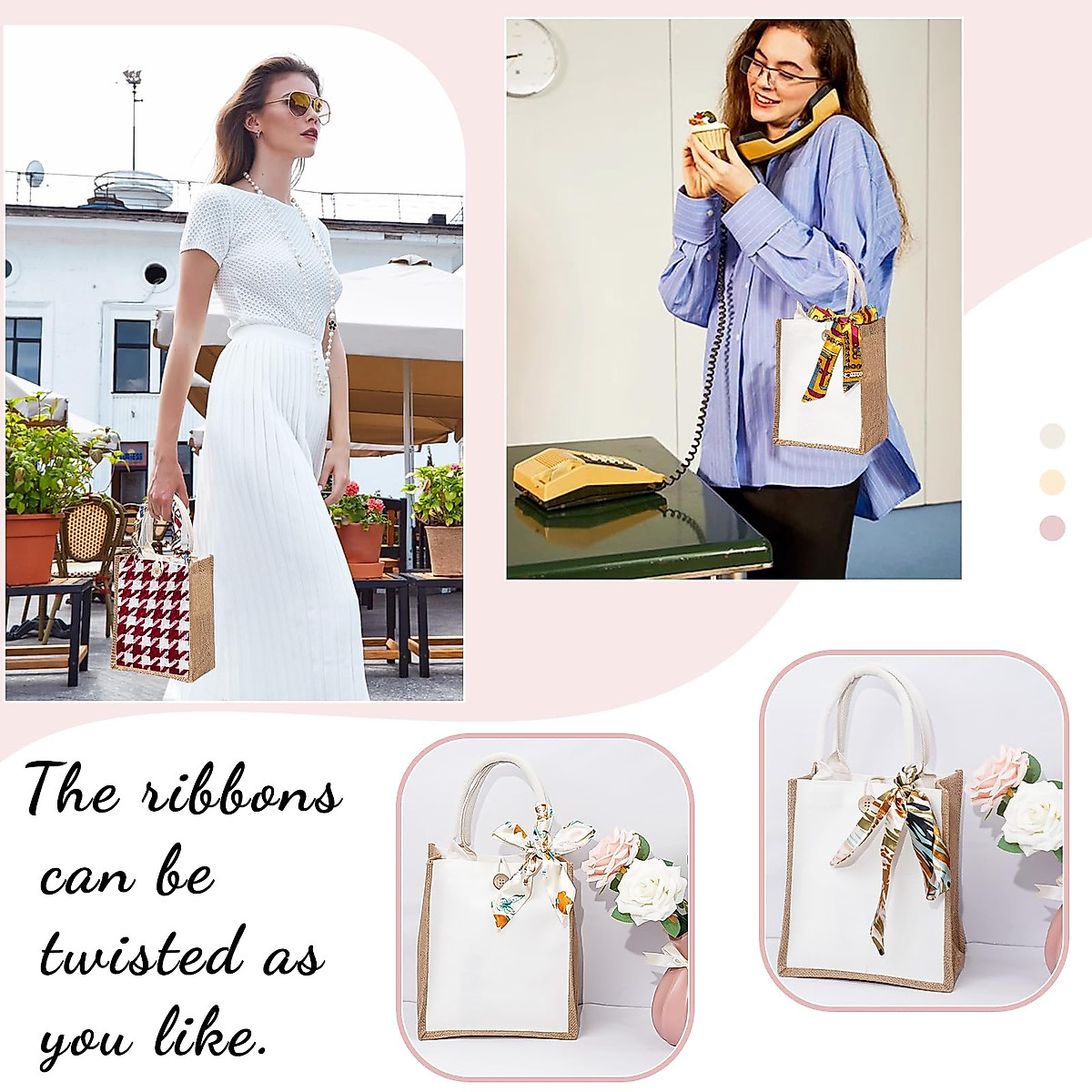 VeyFolzin.st Jute Burlap Totes Bags, Reusable Waterproof Tote Shopping Bag Blank DIY Canvas Gift Bag with Button & Ribbons (B)