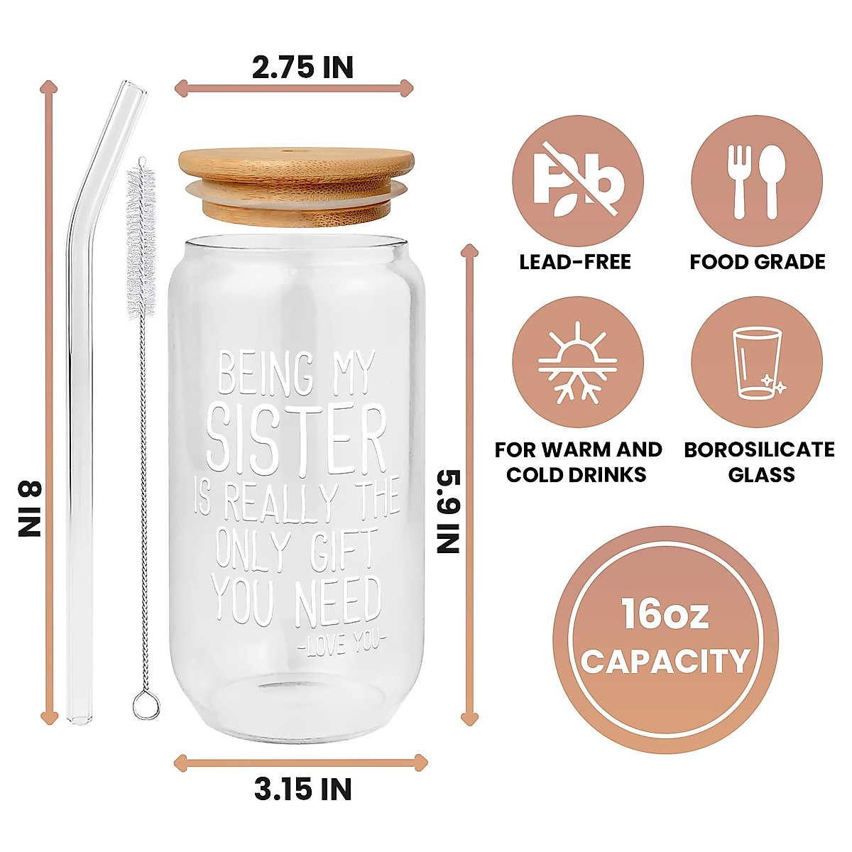 Gifts for Sister - Sister Gifts from Sister, Brother - Birthday Gifts for Sister, Sister Birthday Gifts from Sister - Funny Gifts for Sister - Christmas Gifts for Sister from Sister - 16 Oz Can Glass