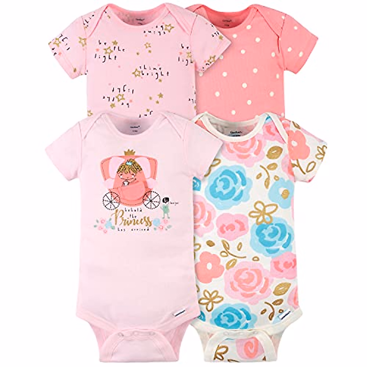 Gerber Baby Girls' 4-Pack Short Sleeve Onesies Bodysuits, Princess Pink, 6-9 Months