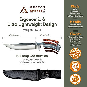 KRATOS Hunting Knife with Nylon Sheath, 10" Fixed Blade Full Tang Knife with 440C Hardened Stainless Steel & Solid Metal Handle for Bushcraft ZF2