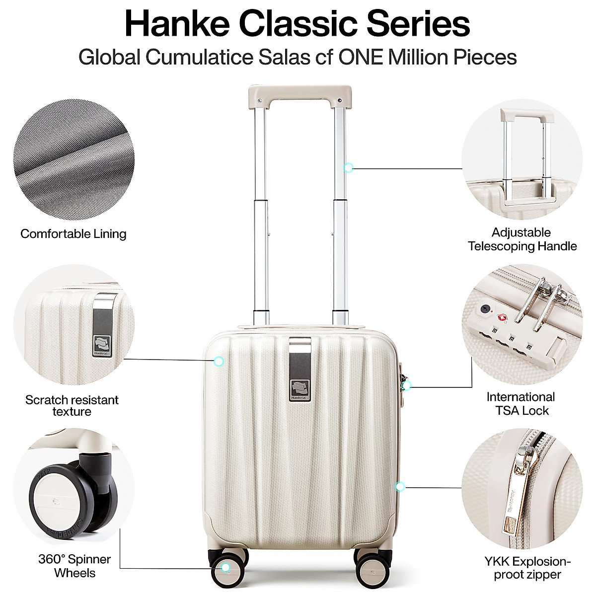 Hanke 14 Inch Underseat Carry On Luggage with Wheels, Lightweight, Waterproof, TSA-Approved, Suitcase, Ivory White